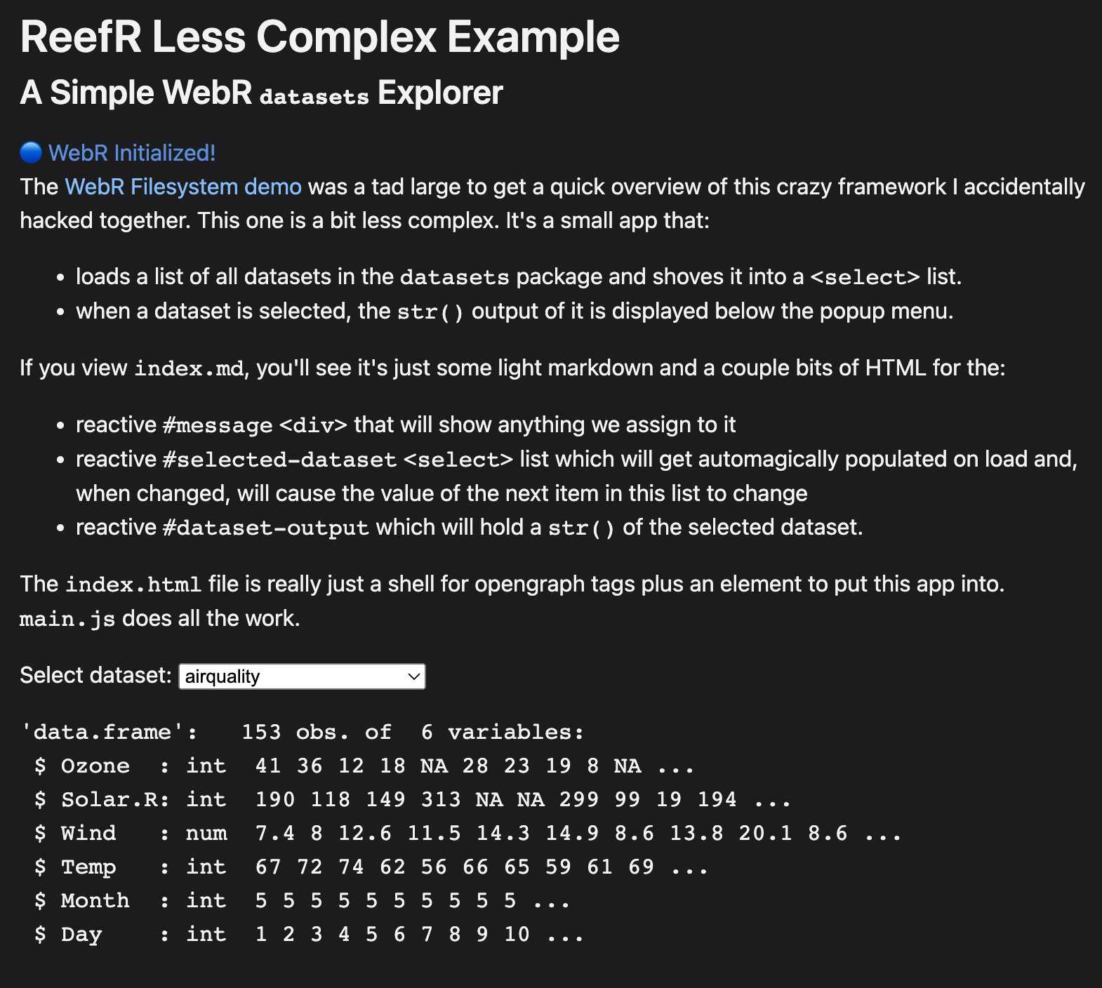 ReefR Less Complex Example: A Simple WebR datasets Explorer